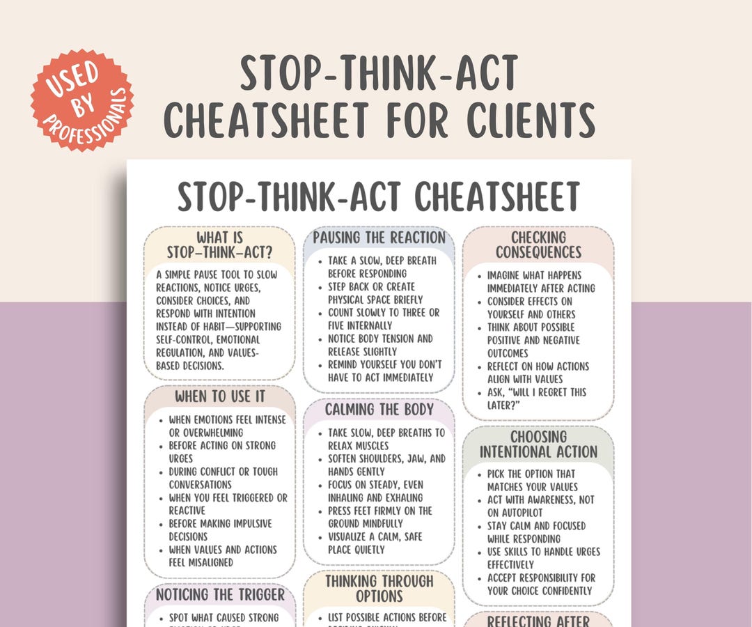 Stop Think Act Cheatsheet, Impulse Control Skills, Emotional Regulation ...