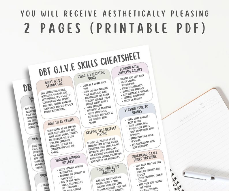 DBT GIVE Skills Cheat Sheet PDF, Therapy Worksheet, Mental Health Tool ...