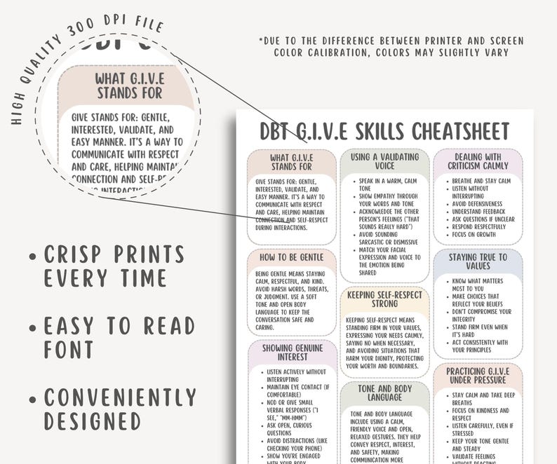 DBT GIVE Skills Cheat Sheet PDF, Therapy Worksheet, Mental Health Tool ...