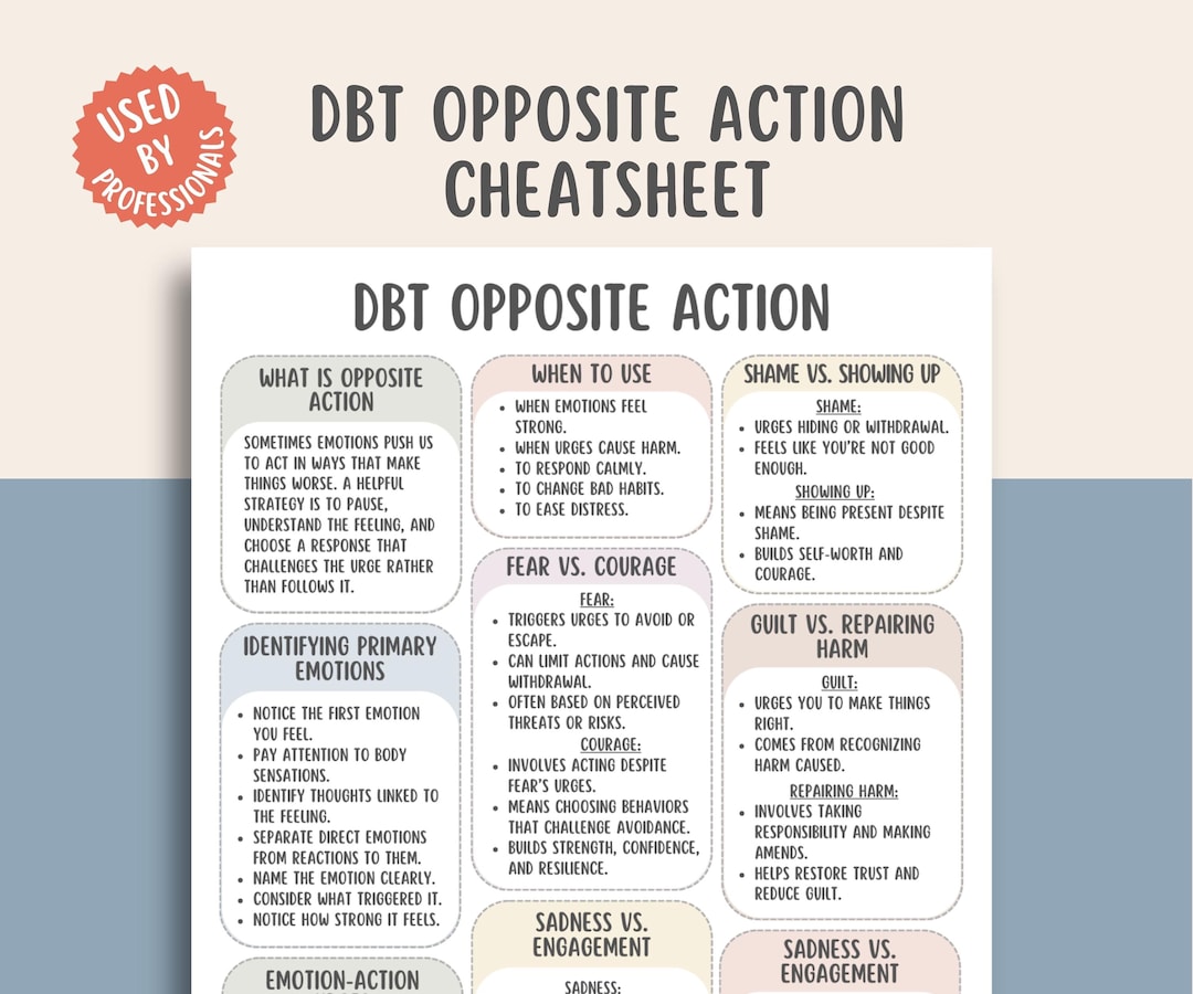 DBT Opposite Action Cheat Sheet PDF, Emotion Regulation, Coping Skills ...