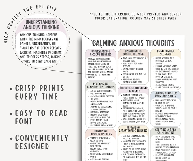 Calming Anxious Thoughts Cheatsheet, Anxiety Relief Guide, Mindfulness ...