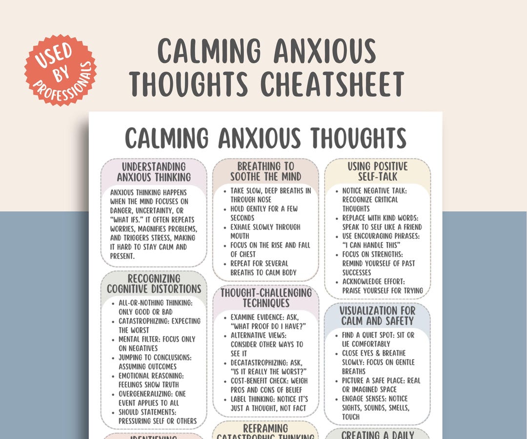 Calming Anxious Thoughts Cheatsheet, Anxiety Relief Guide, Mindfulness ...