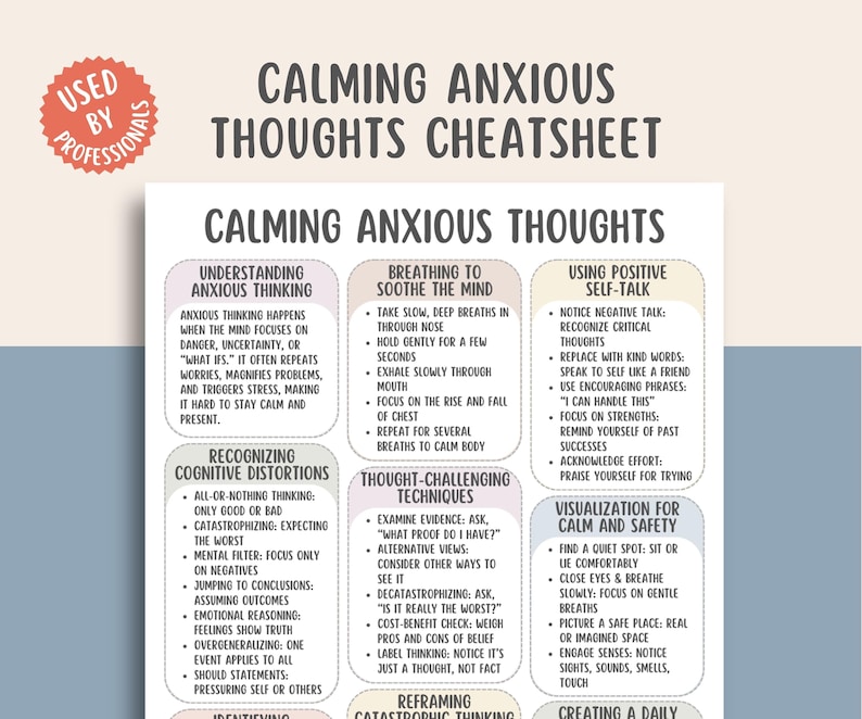 Calming Anxious Thoughts Cheatsheet, Anxiety Relief Guide, Mindfulness ...