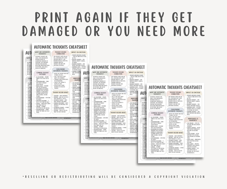 Automatic Negative Thoughts Cheatsheet, CBT Thought Record, Challenging ...