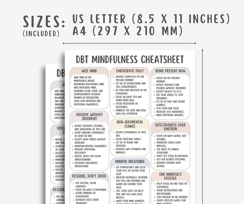 DBT Mindfulness Cheat Sheet PDF, Therapy Worksheet, Mental Health ...
