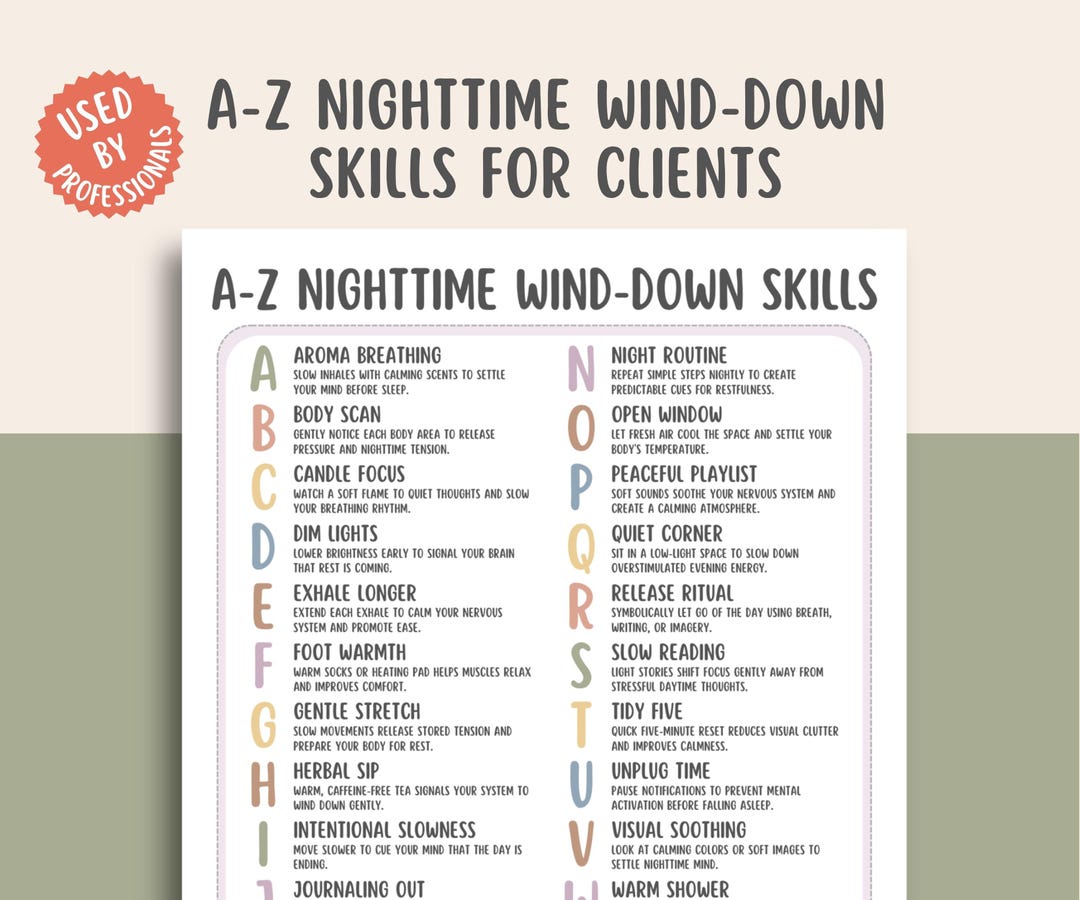 A-Z Nighttime Wind-down Skills Cheatsheet, Sleep Anxiety Support ...
