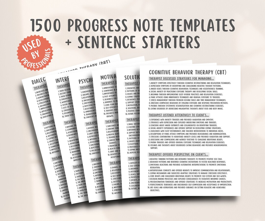 1500 Progress Note Templates With Sentence Starters, Psychotherapy ...