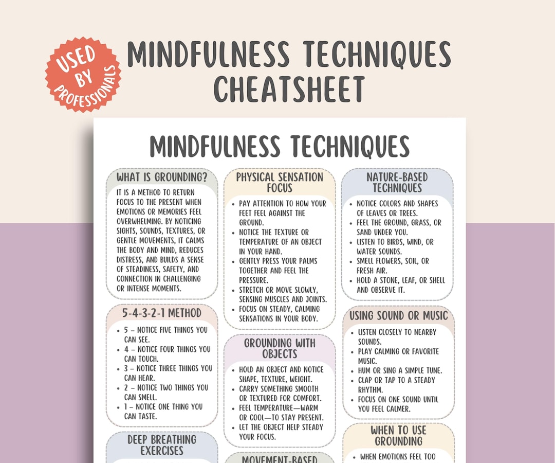 Mindfulness Techniques Cheatsheet, Grounding Skills Chart, Breathwork ...