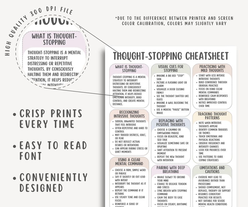 Thought-stopping Cheatsheet, Intrusive Thought Guide, Cognitive ...