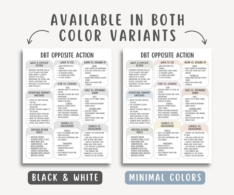 DBT Opposite Action Cheat Sheet PDF, Emotion Regulation, Coping Skills ...