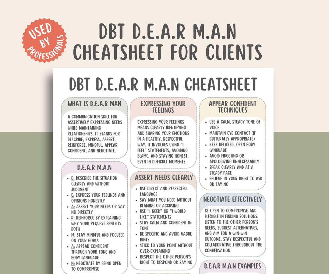 DBT DEAR MAN Cheat Sheet, Communication Worksheet, Coping Skills Guide ...