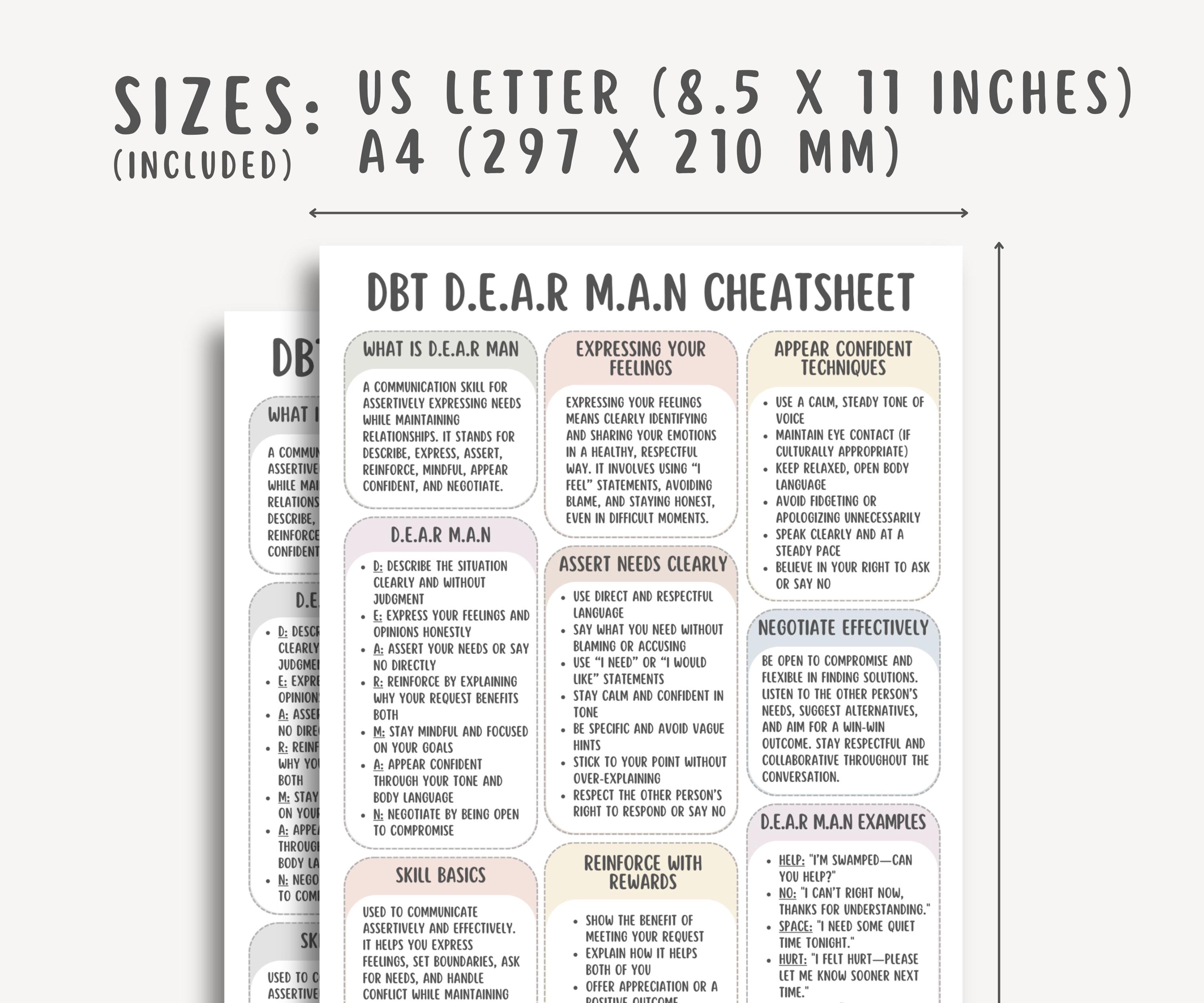 DBT DEAR MAN Cheat Sheet, Communication Worksheet, Coping Skills Guide ...