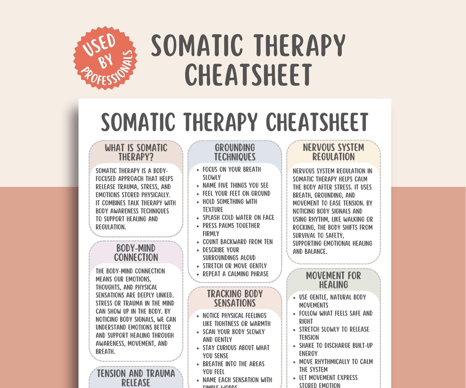 Somatic Therapy Cheatsheet, Body-based Healing Guide, Nervous System Reset Chart, Trauma Release ...