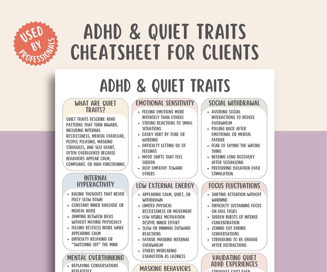 ADHD & Quiet Traits Cheatsheet, Inattentive ADHD Support, Masking ...