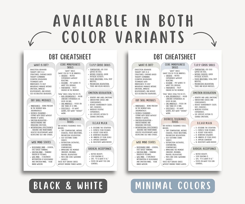 DBT Skills Cheat Sheet PDF, Dialectical Behavior Therapy Guide, Mental ...