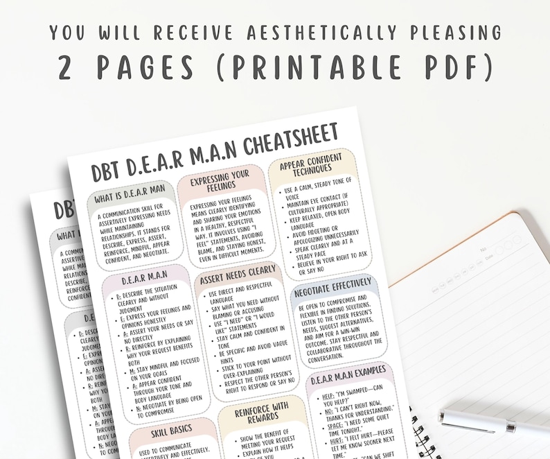 DBT DEAR MAN Cheat Sheet, Communication Worksheet, Coping Skills Guide ...