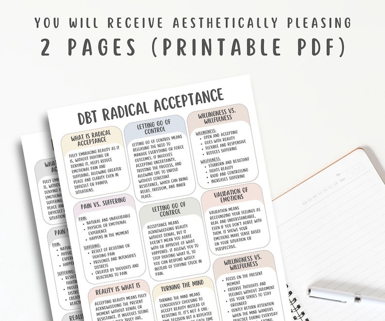DBT Radical Acceptance Cheat Sheet PDF, Therapy Worksheet, Coping ...