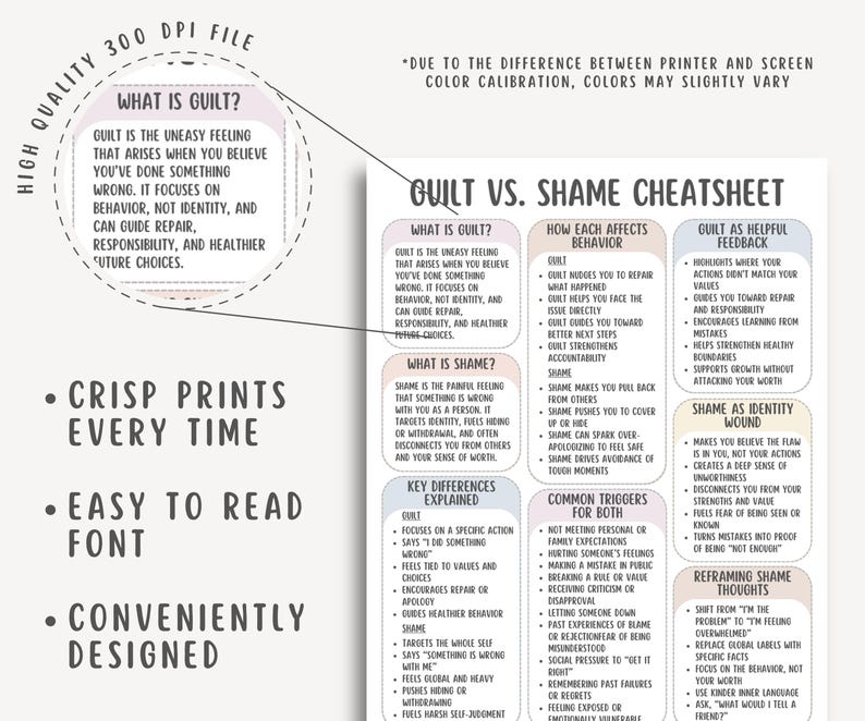 Guilt Vs Shame Guide, Emotional Healing Tools, Self Awareness Worksheet ...