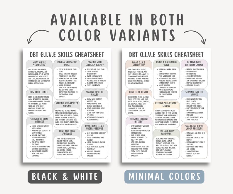 DBT GIVE Skills Cheat Sheet PDF, Therapy Worksheet, Mental Health Tool ...