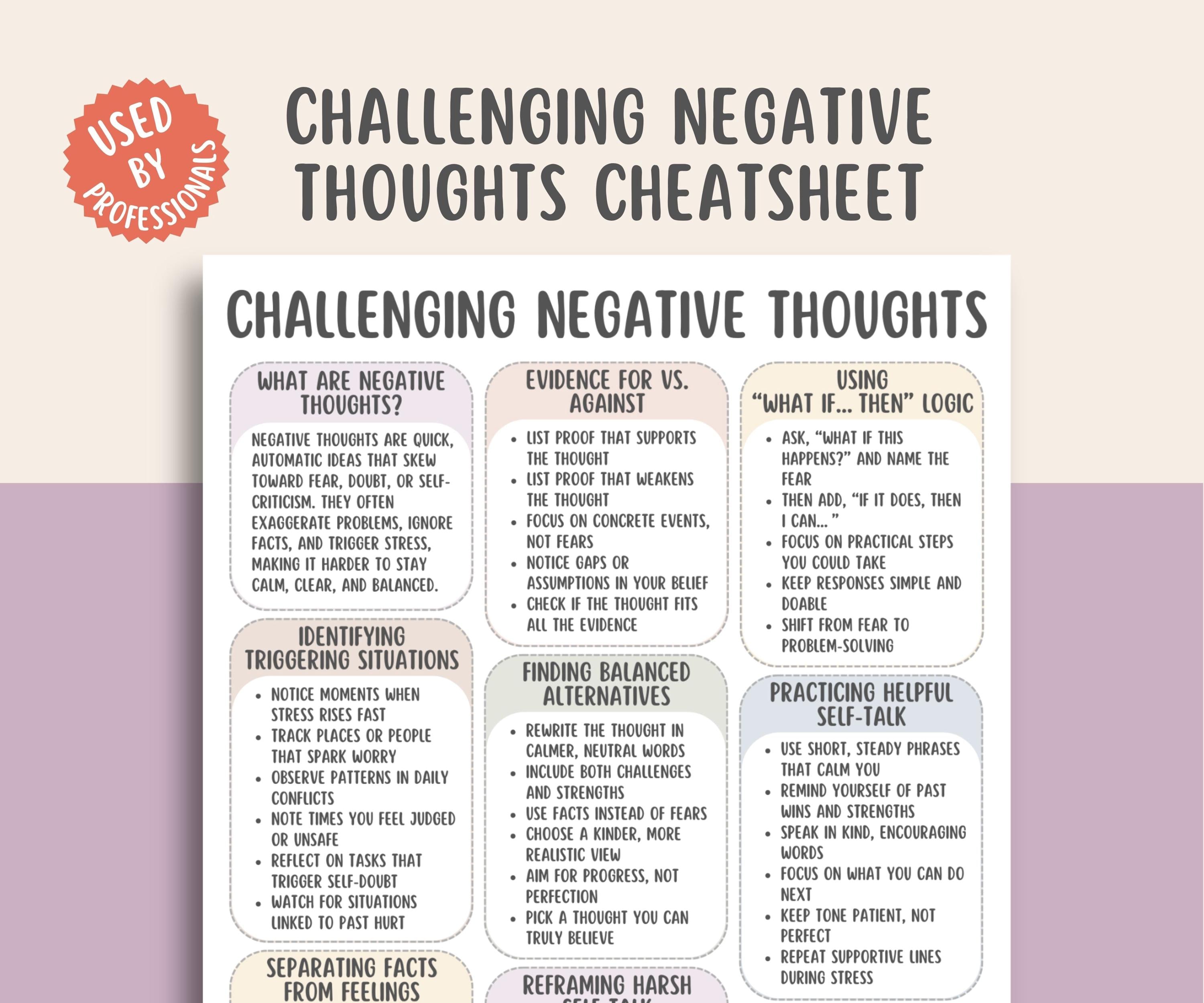 Challenging Negative Thoughts Cheatsheet, Cognitive Restructuring Guide ...