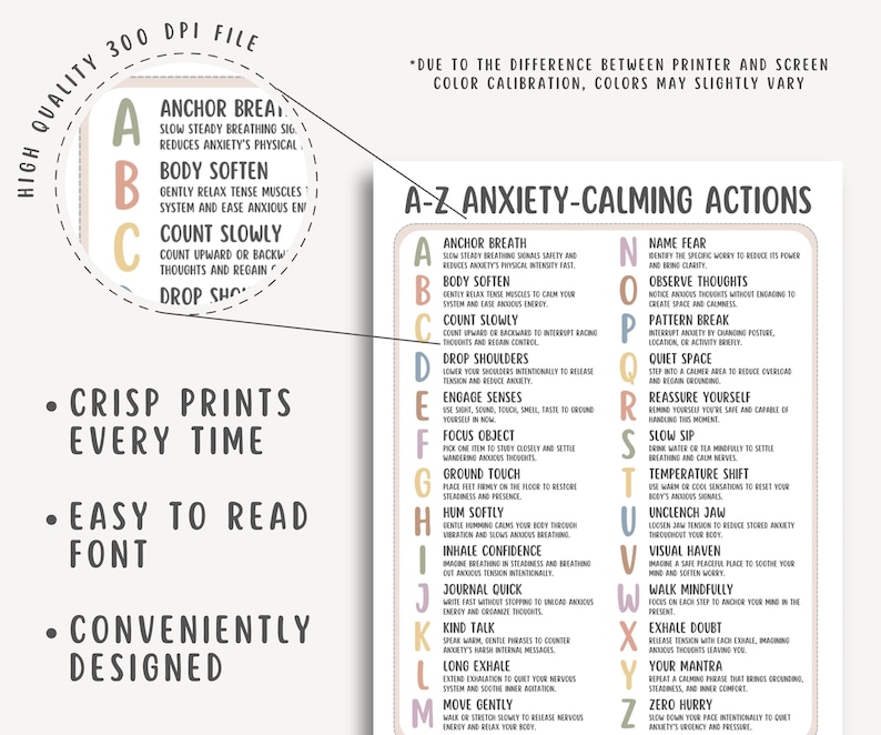 A-Z Anxiety-calming Actions Printable, Stress Relief Guide, Coping ...
