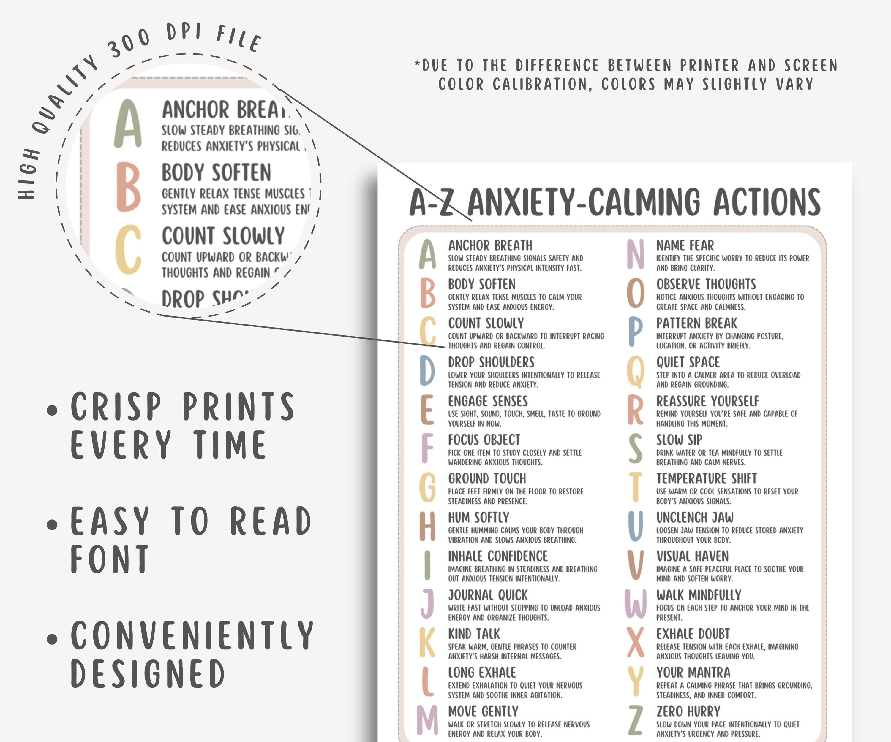 A-Z Anxiety-calming Actions Printable, Stress Relief Guide, Coping ...