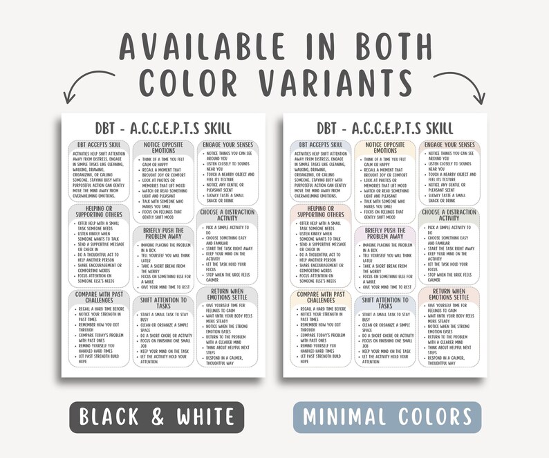 DBT ACCEPTS Skill Cheatsheet, Distress Tolerance Worksheet, Crisis ...