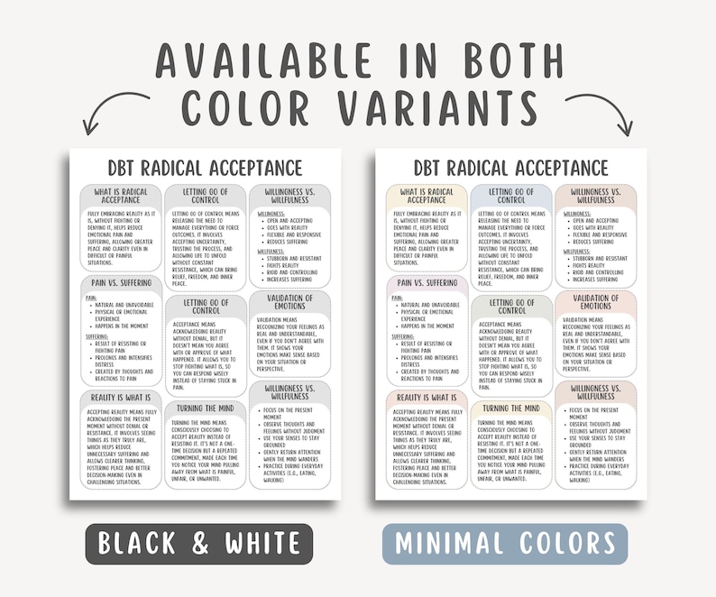 DBT Radical Acceptance Cheat Sheet PDF, Therapy Worksheet, Coping Skills Guide, Social Worker ...