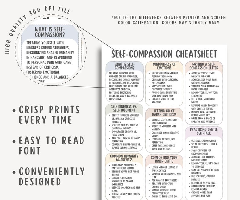 Self Compassion Cheatsheet, Self Love Worksheet, Self Kindness Guide ...