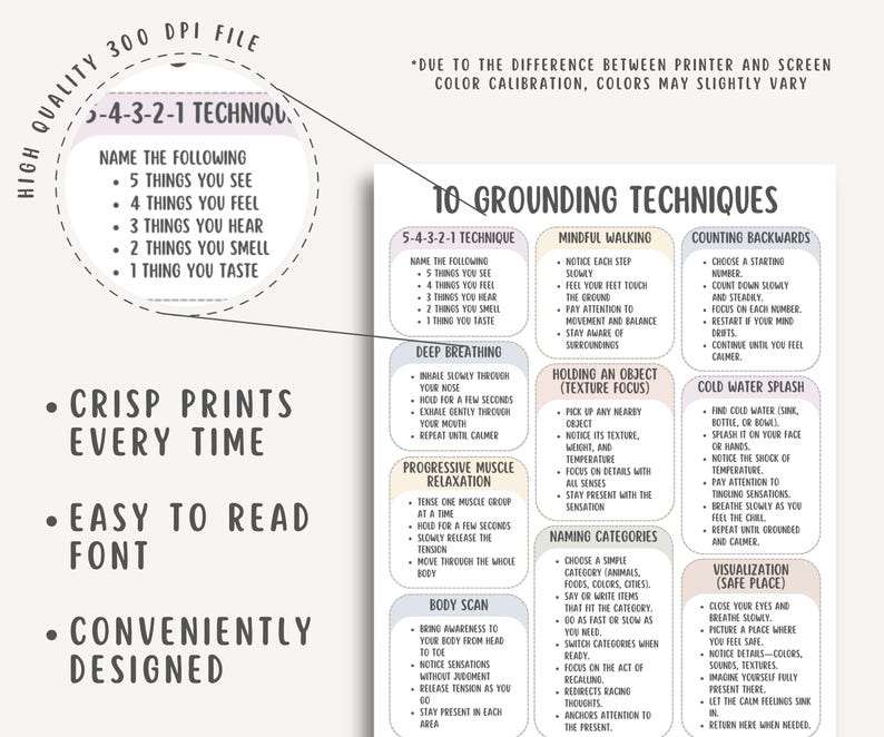 Grounding Techniques Cheatsheet, Anxiety Relief Guide, Stress ...