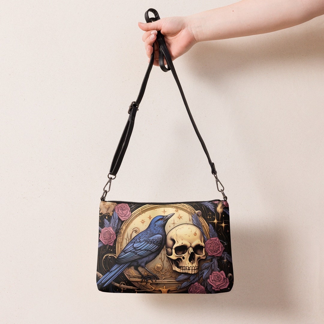 Crow and Skull Crossbody Bag or Clutch ~ Adjustable Witchy Purse ~ Gift ...