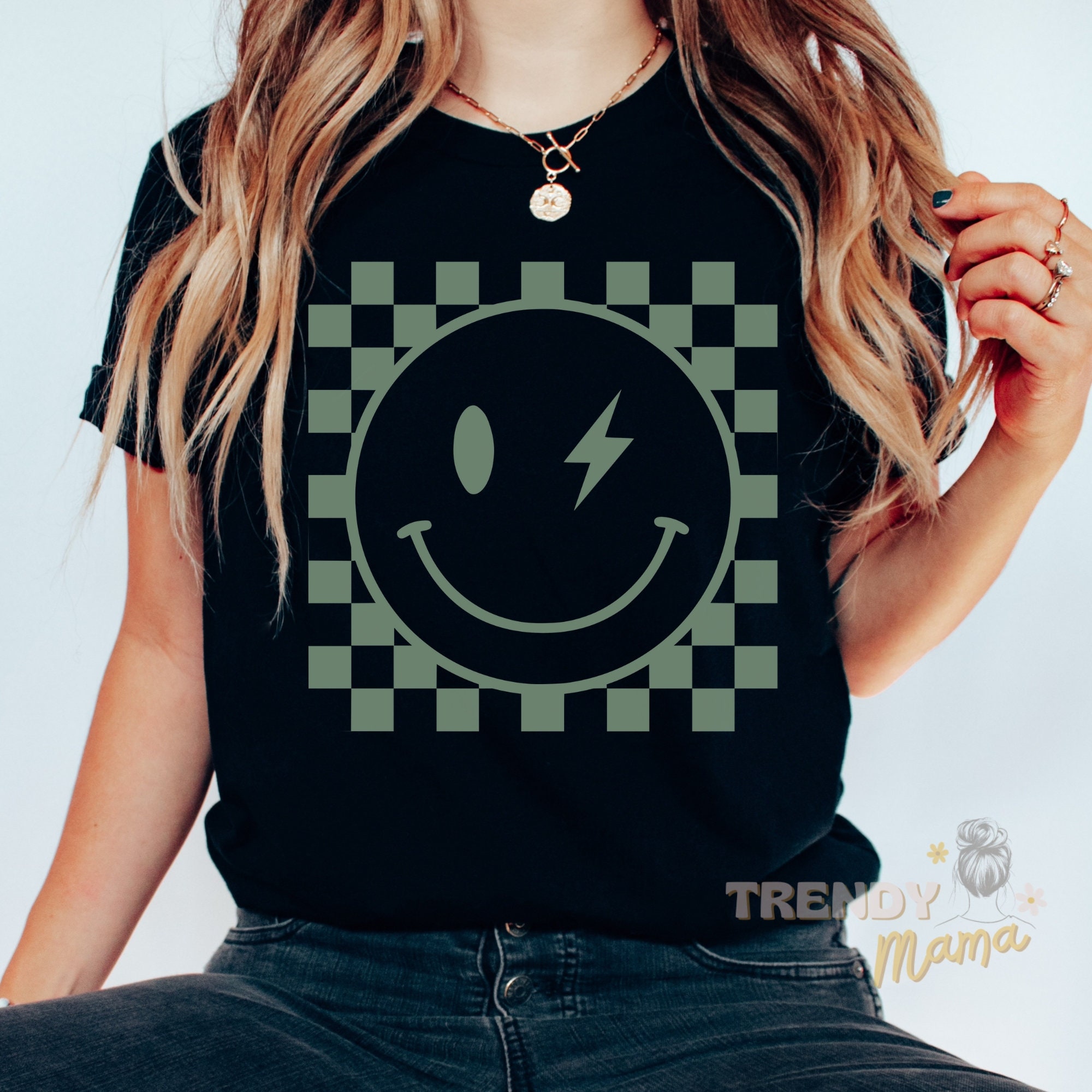 Checker Happy Face Graphic Crew Neck Shirt Cute Smile Checker ...
