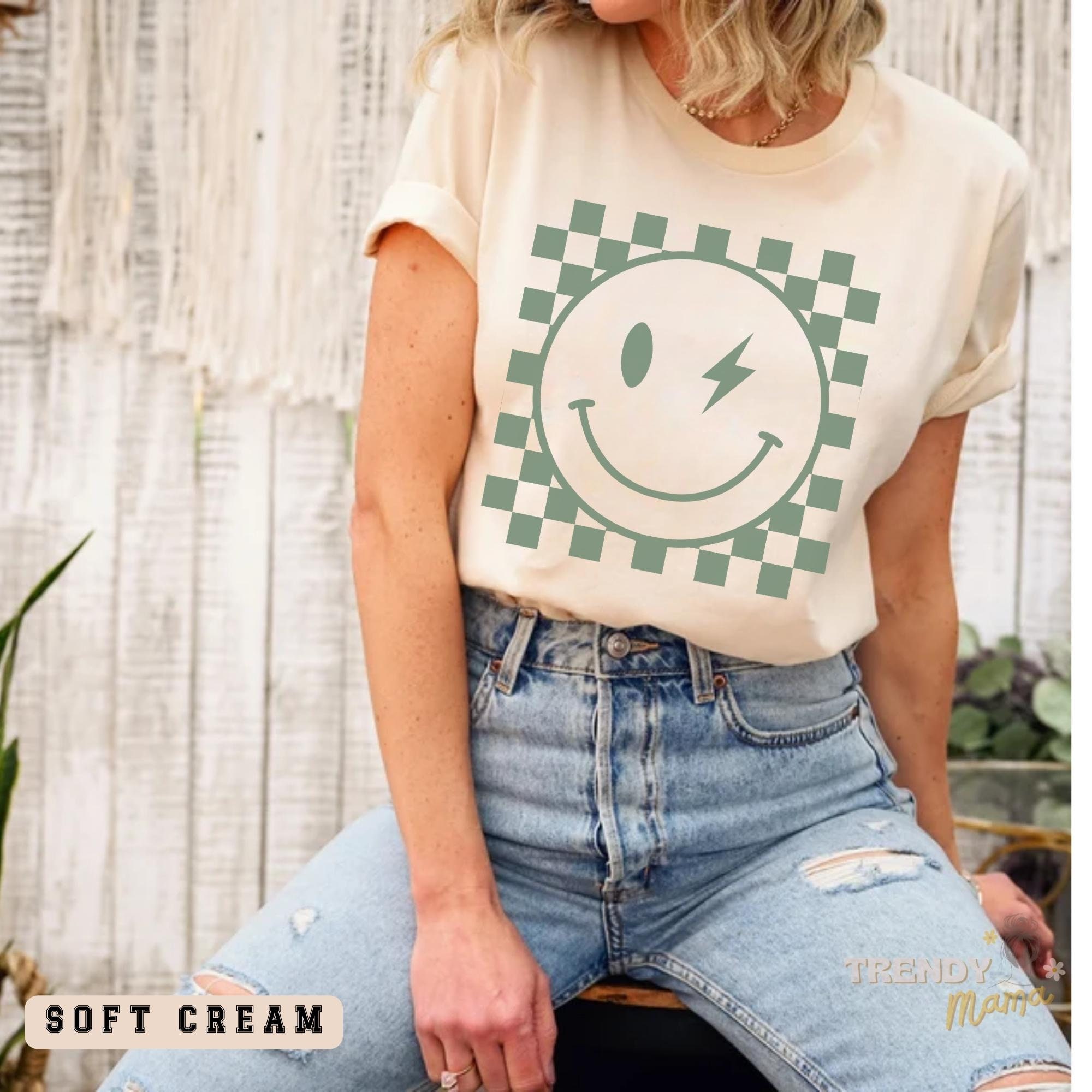 Checker Happy Face Graphic Crew Neck Shirt Cute Smile Checker ...