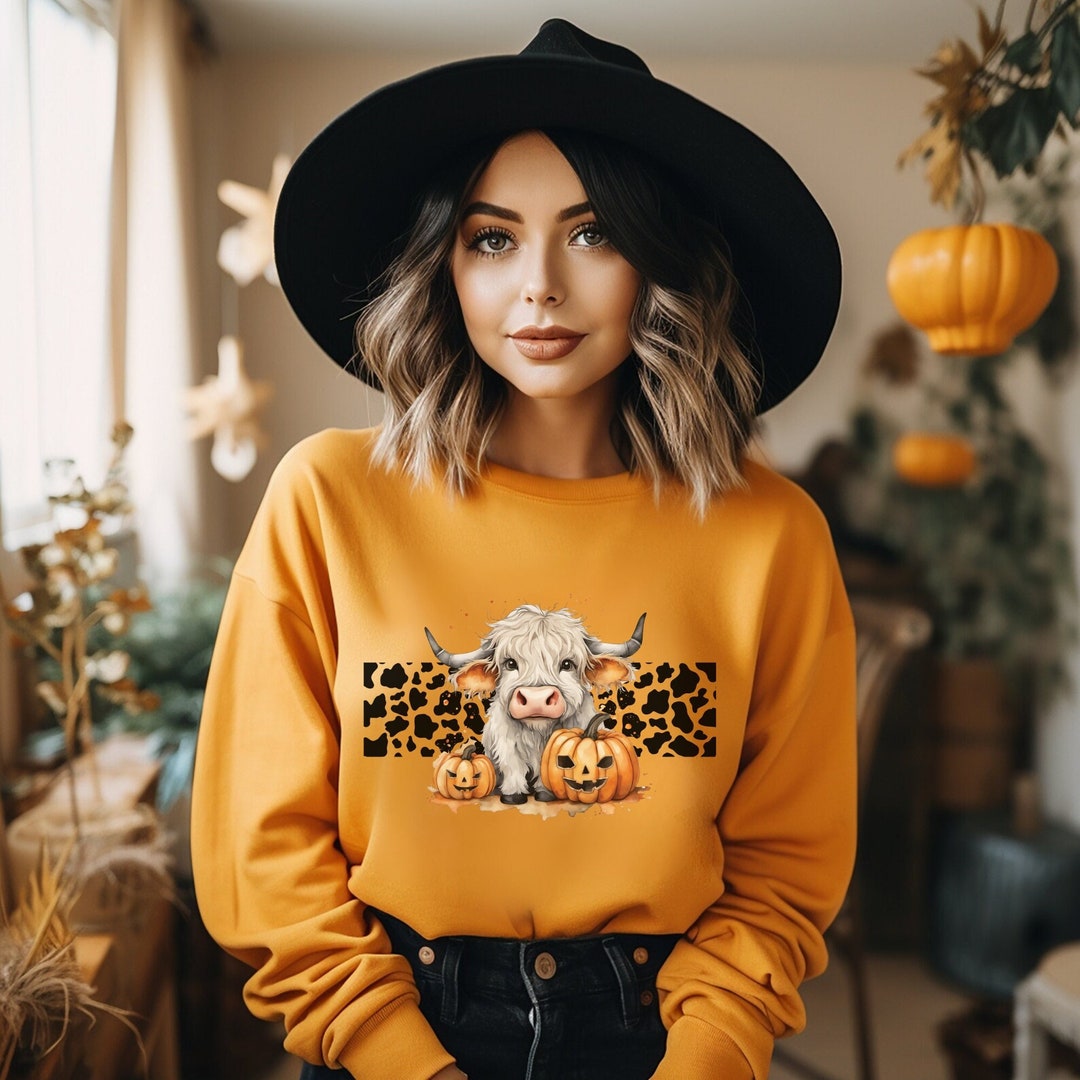 Highland Cow Fall Sweater Outdoor Cowgirl Shirt Cute Pumpkin Fall Cow ...