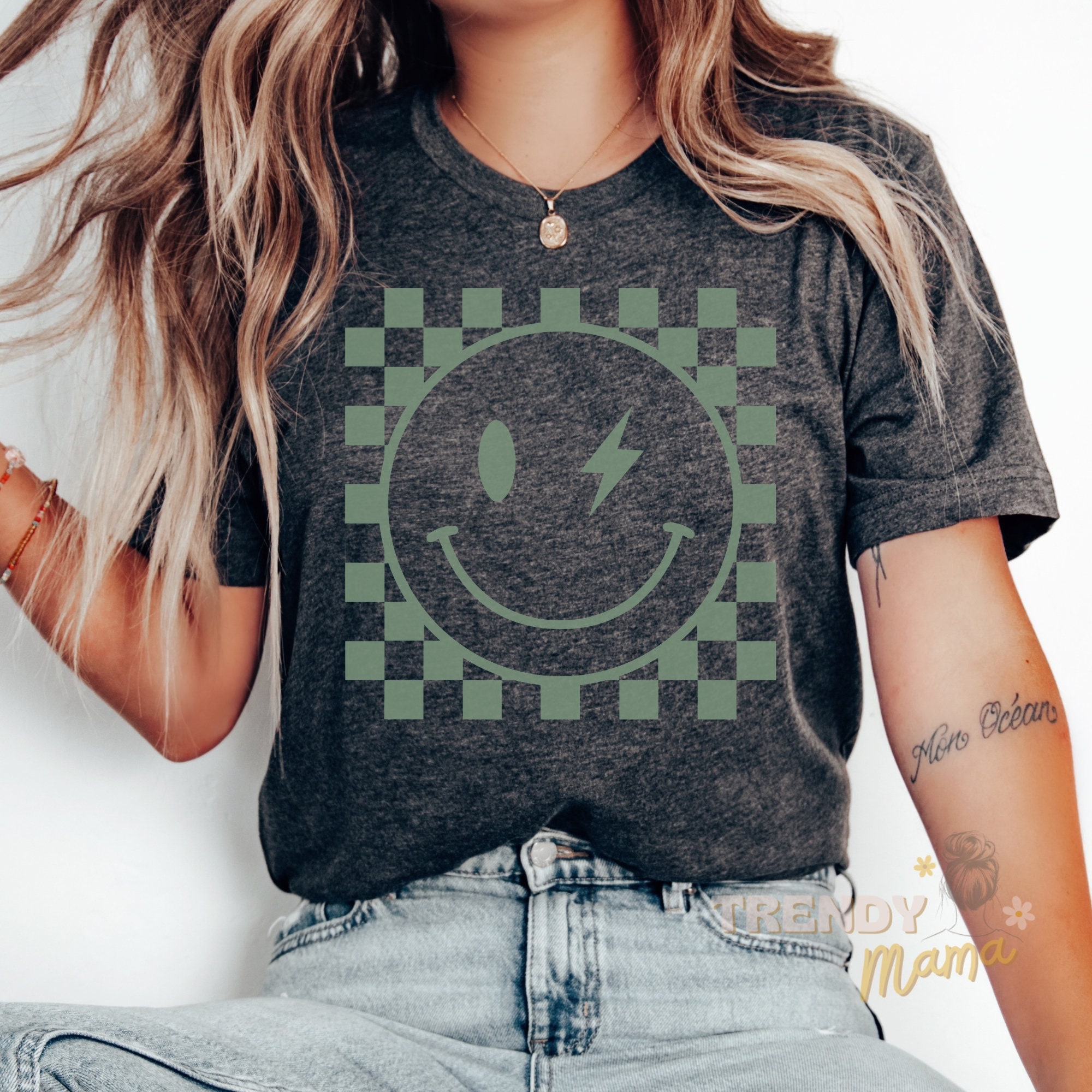 Checker Happy Face Graphic Crew Neck Shirt Cute Smile Checker ...