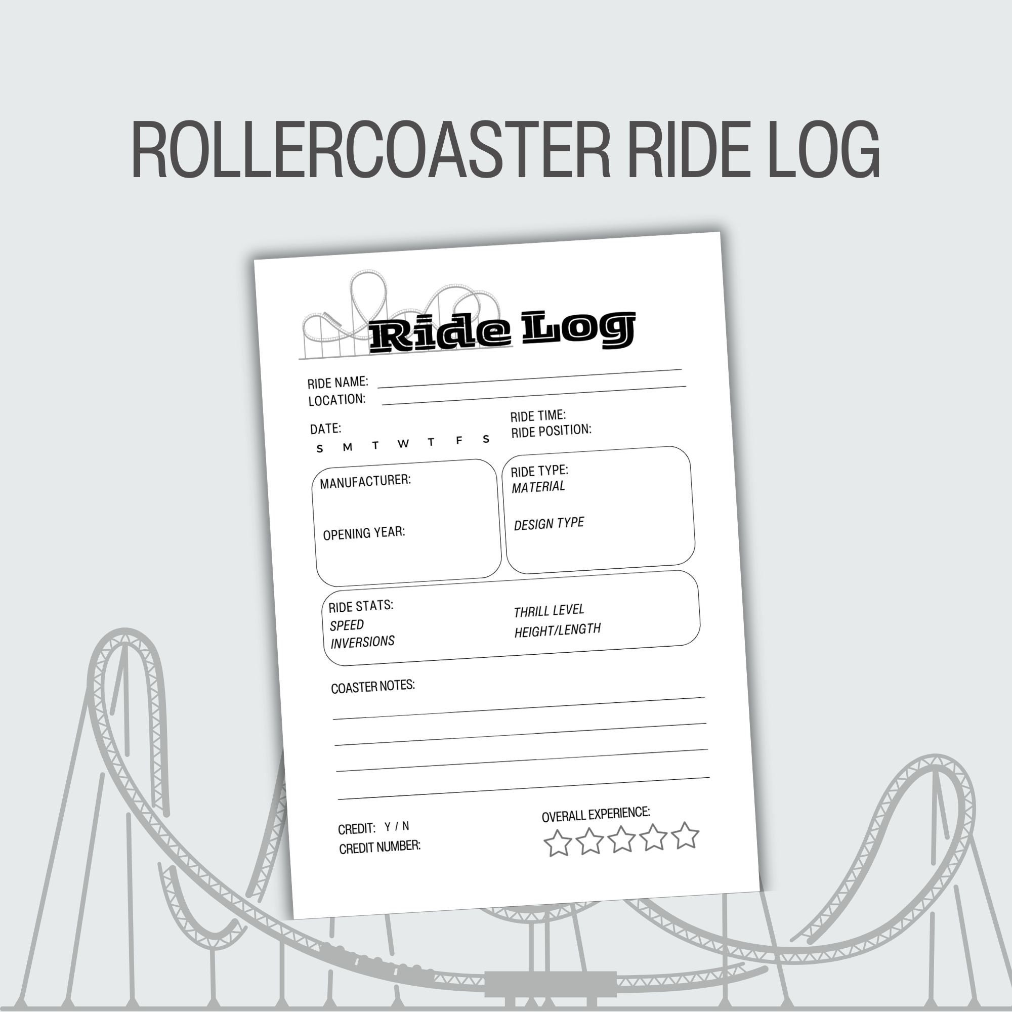 Printable Rollercoaster Ride Log - Theme Park Log - Rollercoaster ...
