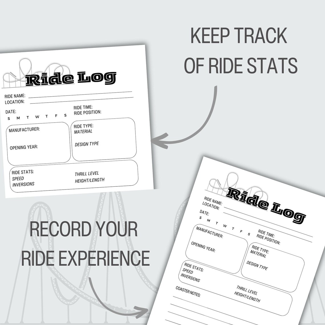 Printable Rollercoaster Ride Log - Theme Park Log - Rollercoaster ...