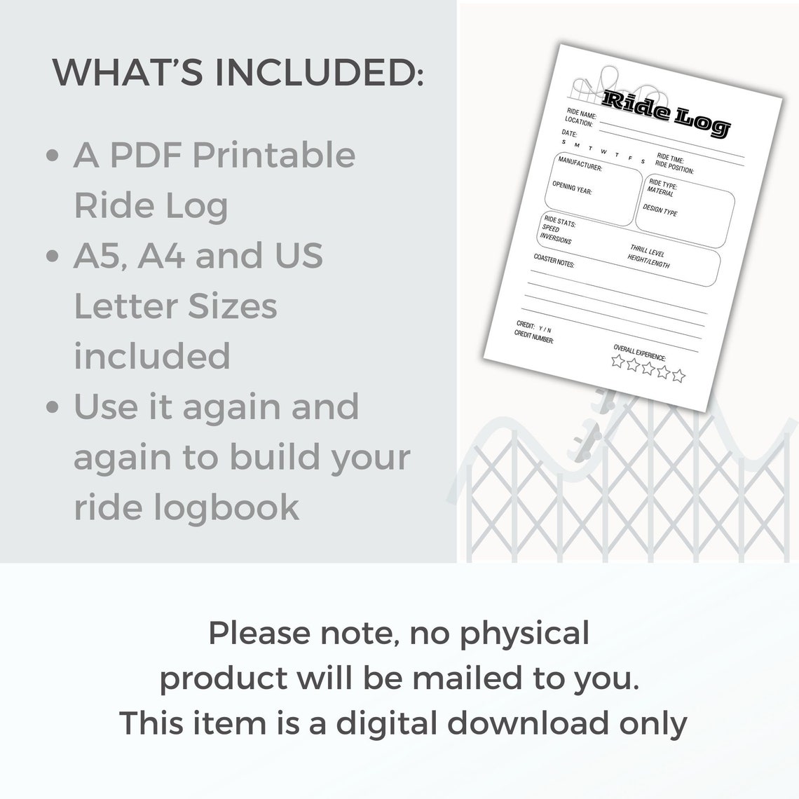 Printable Rollercoaster Ride Log - Theme Park Log - Rollercoaster ...