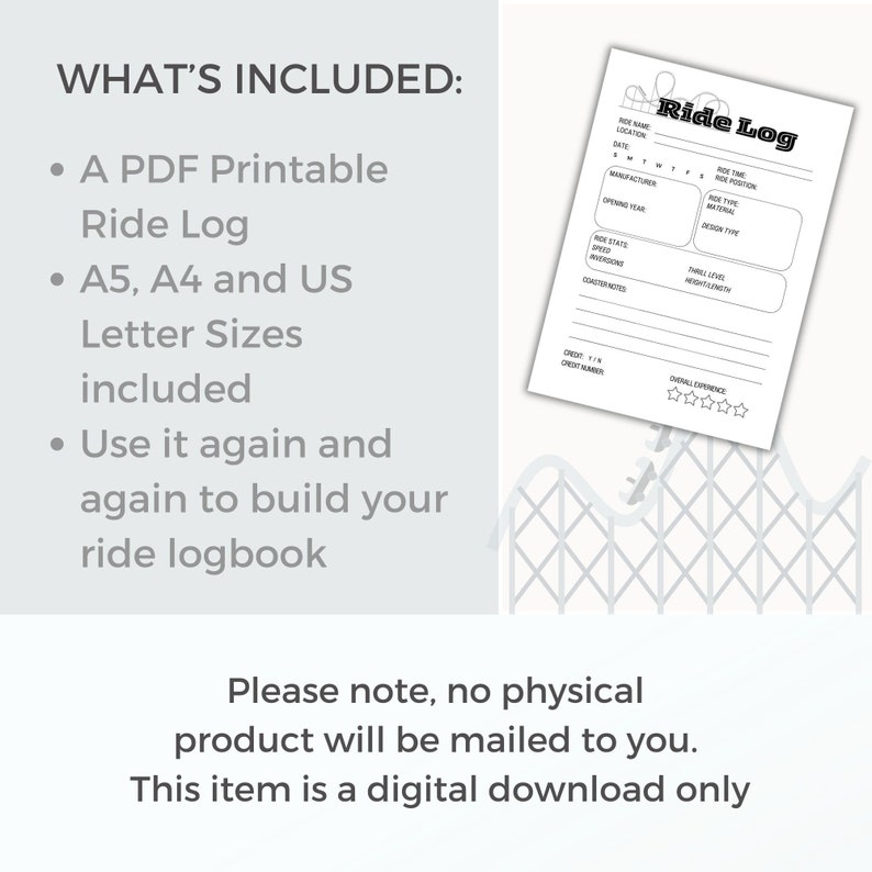 Printable Rollercoaster Ride Log - Theme Park Log - Rollercoaster ...