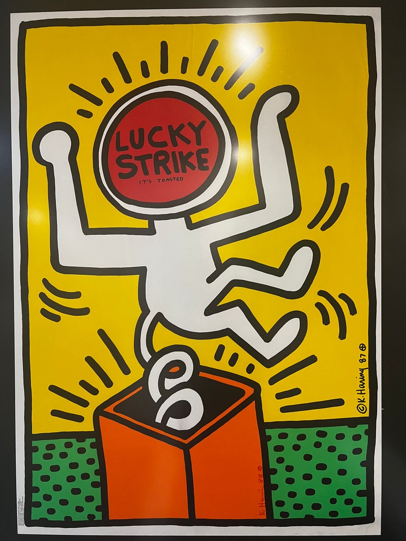 Keith Haring, Lucky Strike, Large Rare 1987 Signed Artwork, 27.5" X 39. ...
