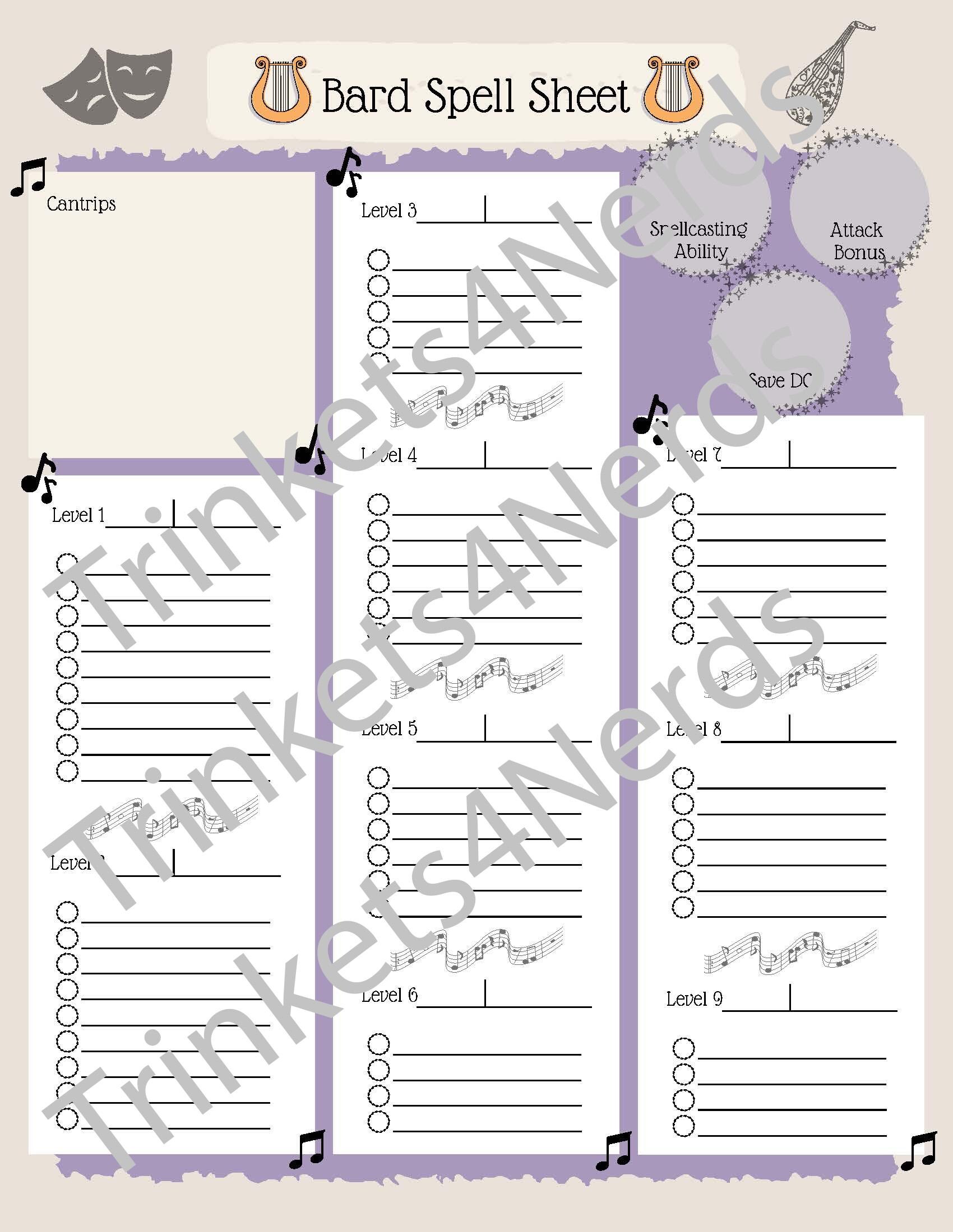D&D 5e Bard Aesthetic Character Sheet Printable - Etsy