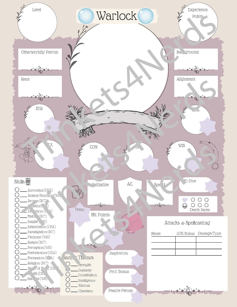 D&D 5e Warlock Aesthetic Character Sheet Printable - Etsy