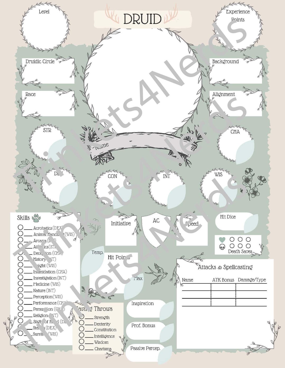 D&D 5e Druid Aesthetic Character Sheet Printable - Etsy