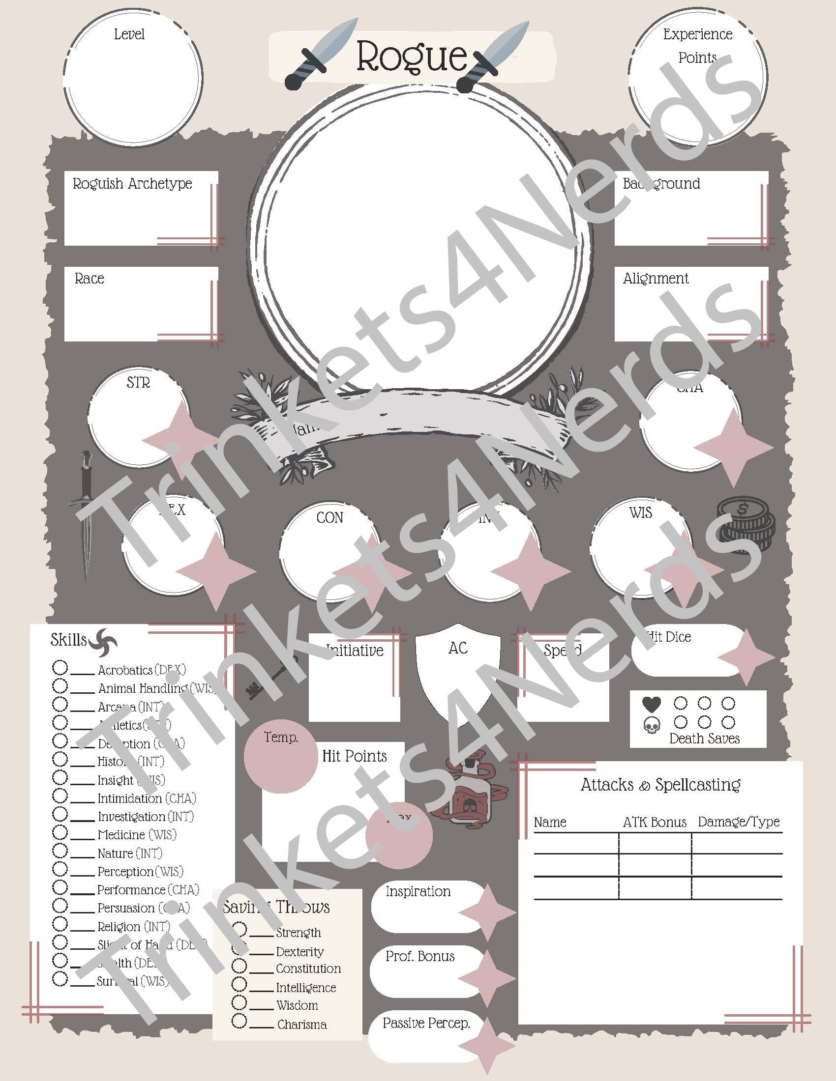 D&D 5e Rogue Aesthetic Character Sheet Printable - Etsy