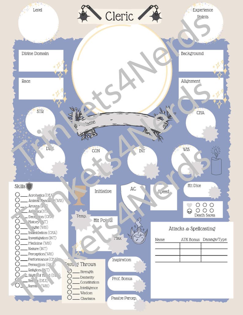 D&D 5e Cleric Aesthetic Character Sheet Printable - Etsy