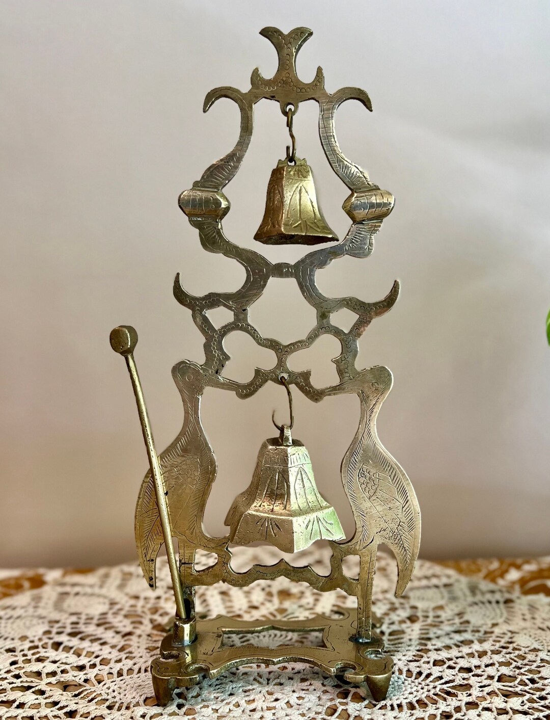 Vintage Brass Pagoda Bell Tree, Decorated With Cranes, Comes With ...