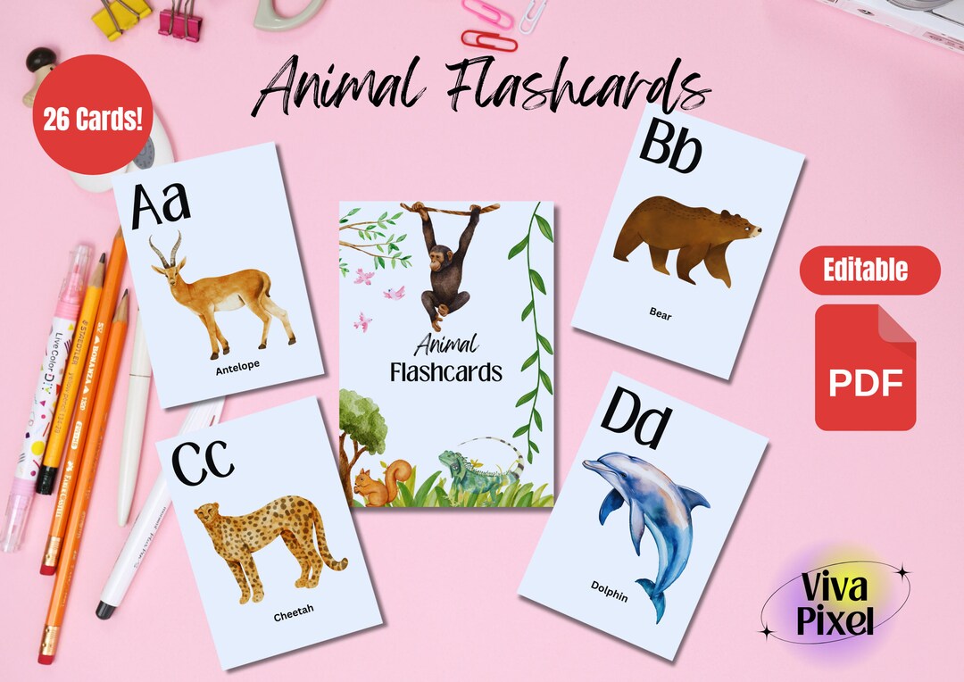 Alphabet Animal Flashcards, Alphabet, Watercolor, Flashcards, Digital ...