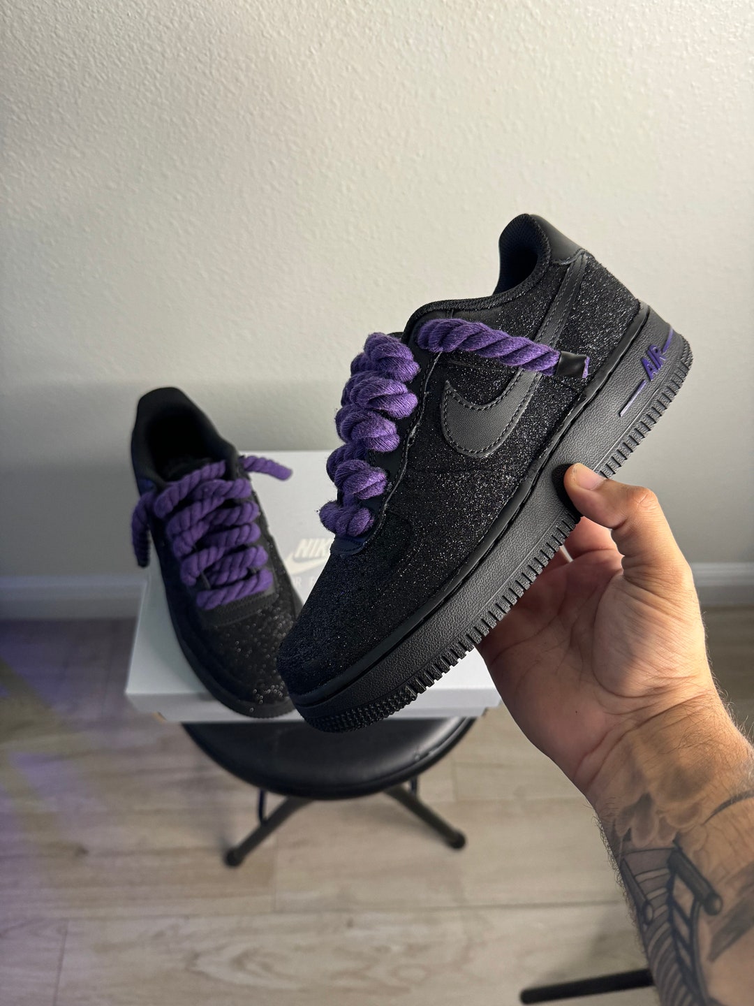 Custom Black Glitter Af1 With Purple Bottoms and Purple Rope Laces - Etsy