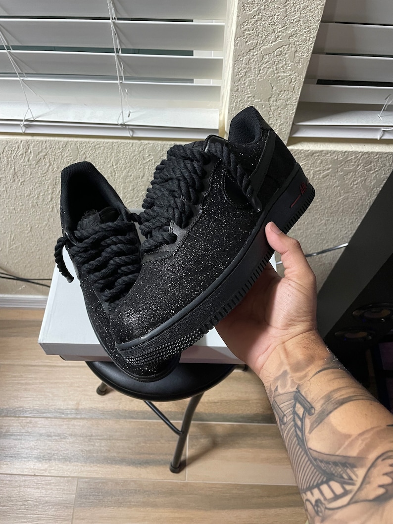 Custom Black Glitter Af1 With Red Bottoms and Black Rope Laces - Etsy