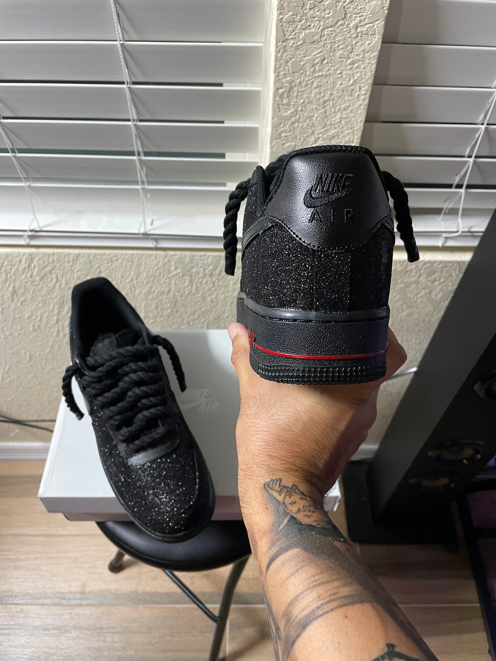 Custom Black Glitter Af1 With Red Bottoms and Black Rope Laces - Etsy